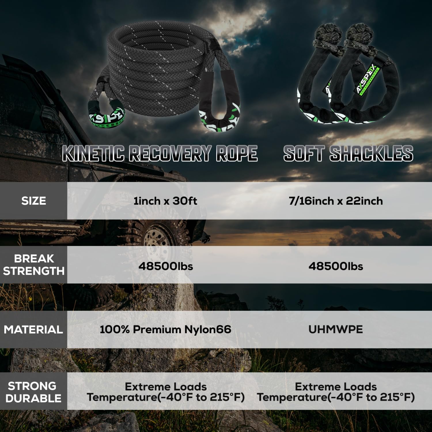 Snapklik.com : AXSIPEIX 130ft Kinetic Recovery Rope (48,500lbs) Heavy ...