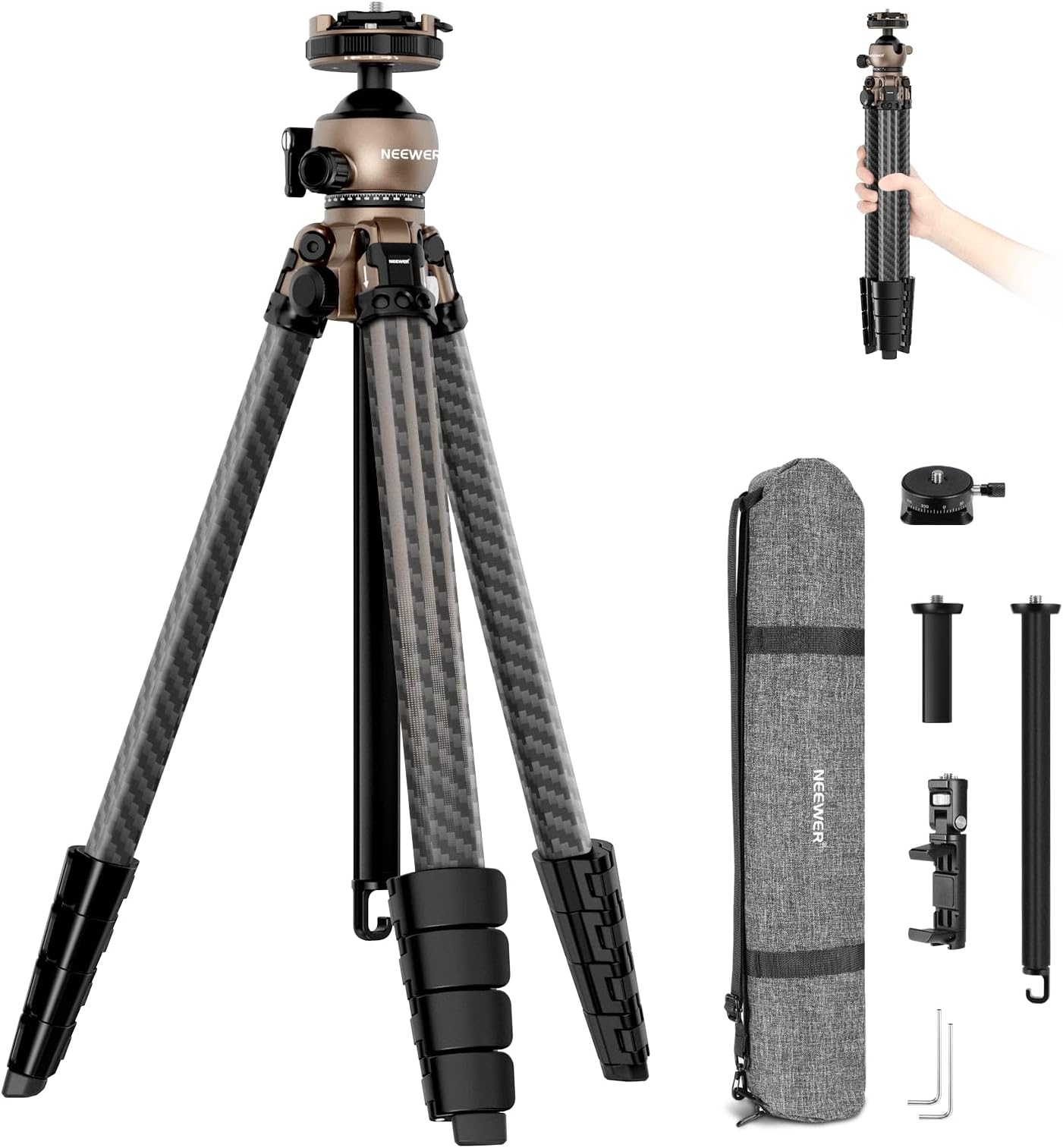NEEWER 68"/172cm Carbon Fiber Camera Tripod Monopod with Center Column ...