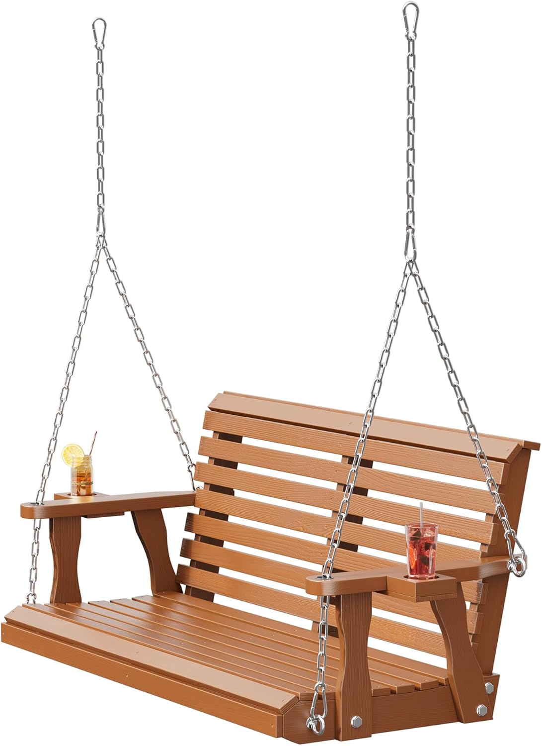 Amazon.com : Brightpeak 2-Seater Wooden Porch Swing with Cup Holders ...