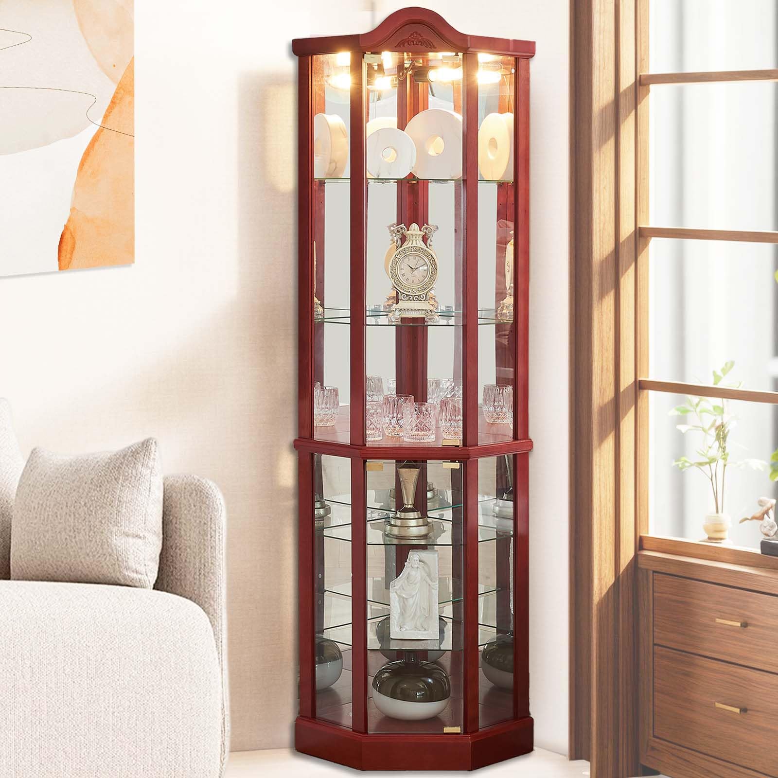 Buy Curio Cabinet,Lighted Wooden Corner Curio Cabinet,Glass Display ...