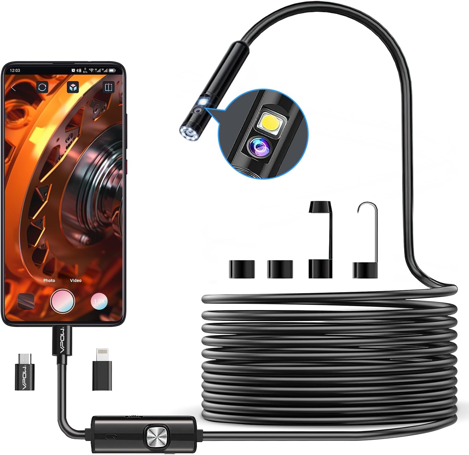 Endoskopkamera Inspection Camera for iPhone Android - 1920P HD Dual Lens Borescope with 8 LED ...