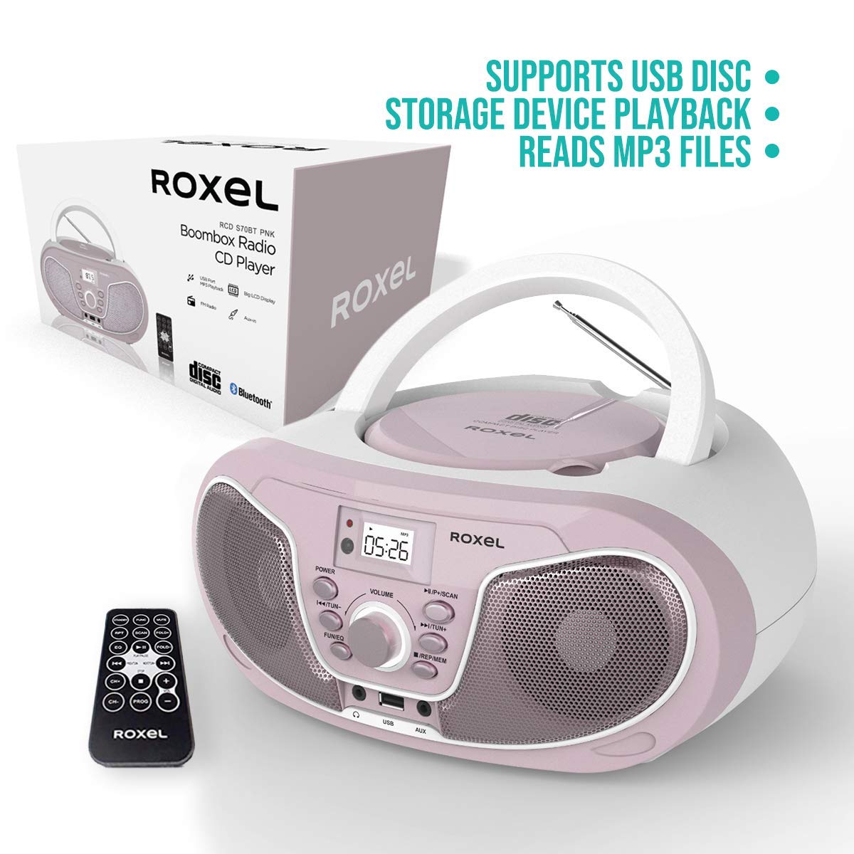 Roxel RCD-S70BT Portable Boombox CD Player with Bluetooth, Remote ...
