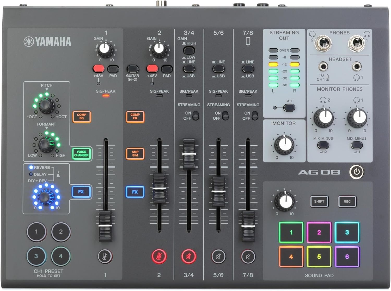 Yamaha AG08 Black 8-Channel Live Streaming Loopback Mixer/USB Interface with Steinberg Software ...