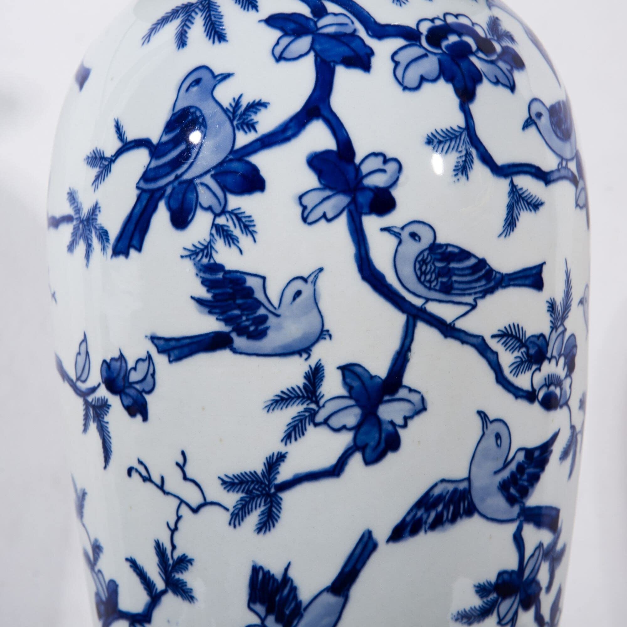 Pottery Jar Blue White Birds Chinese Porcelain Temple Jar With Flowers