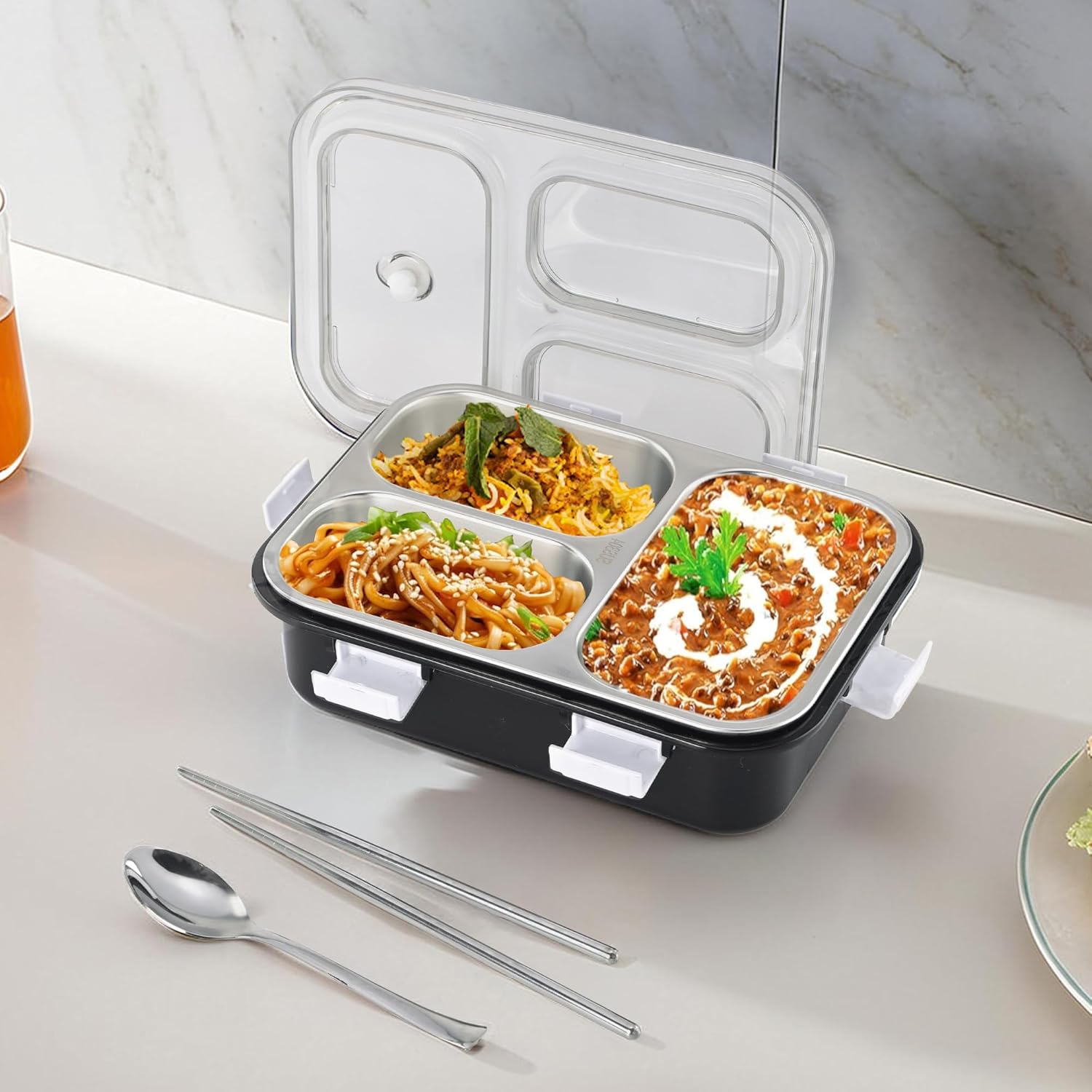 Buy Kuber Industries Stainless Steel 3 Compartment Lunch Box | 750 ML ...