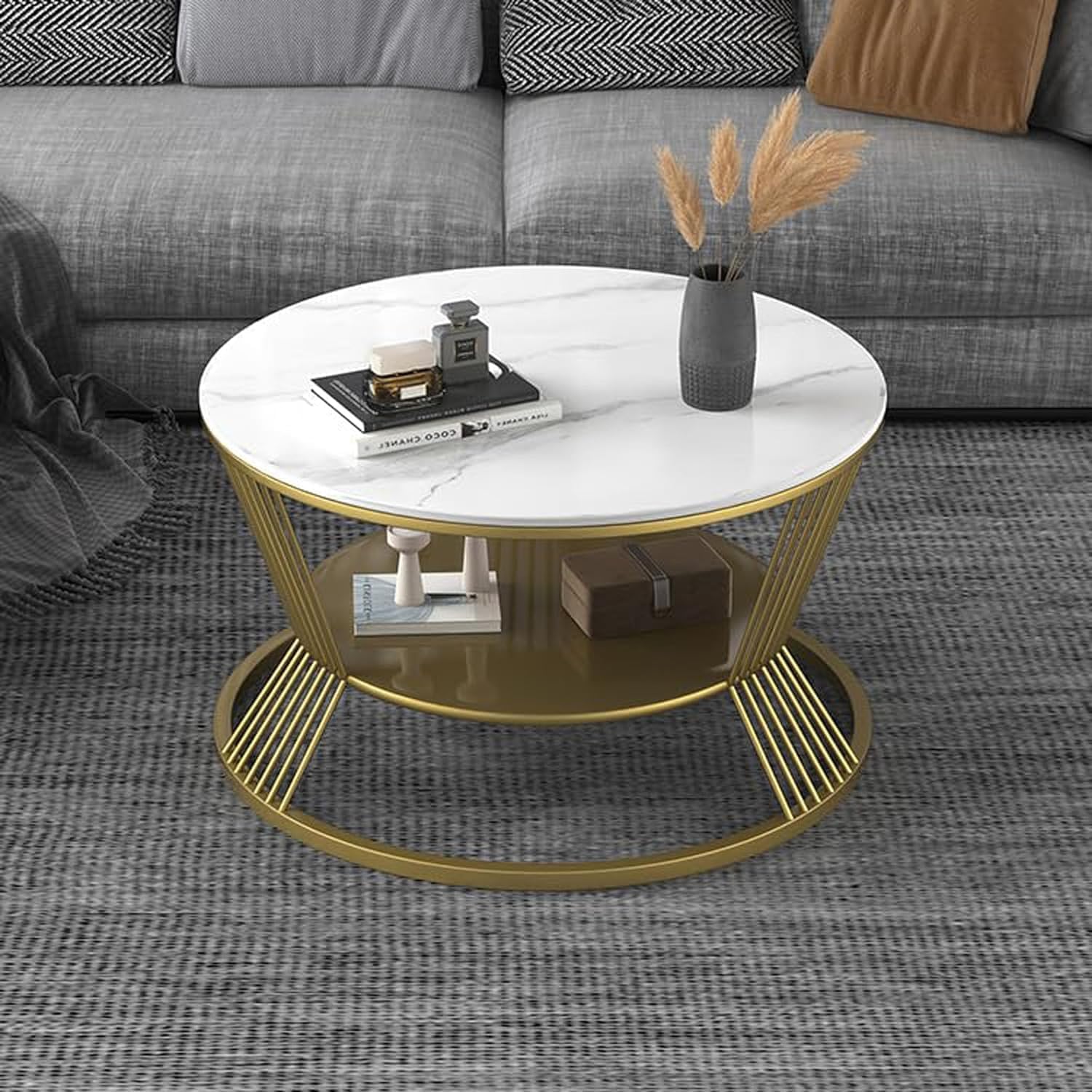 Total Crafts Round Modern Coffee Table for Living Room, White and Gold ...