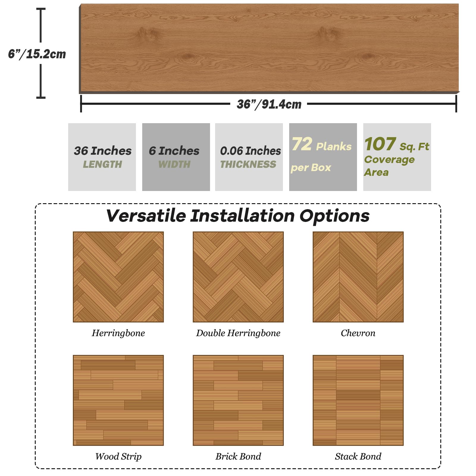 Oxdigi Peel and Stick Floor Tile 36" x 6"x 72 Packs/ 108 Sq.Ft, Thicken ...