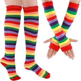 Prasacco Womens Rainbow Socks Gloves Set, Rainbow Long Striped Knee ...