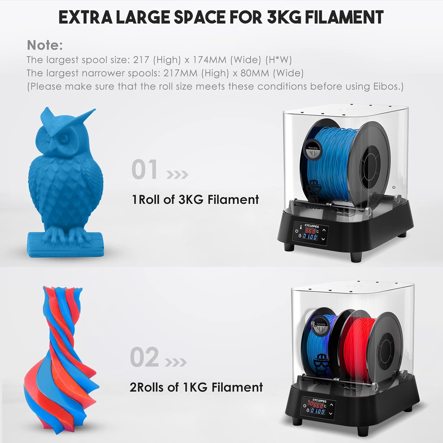 Review Eibos 3D Printer Filament Dryer Box CYCLOPES, 100W PTC Heater ...