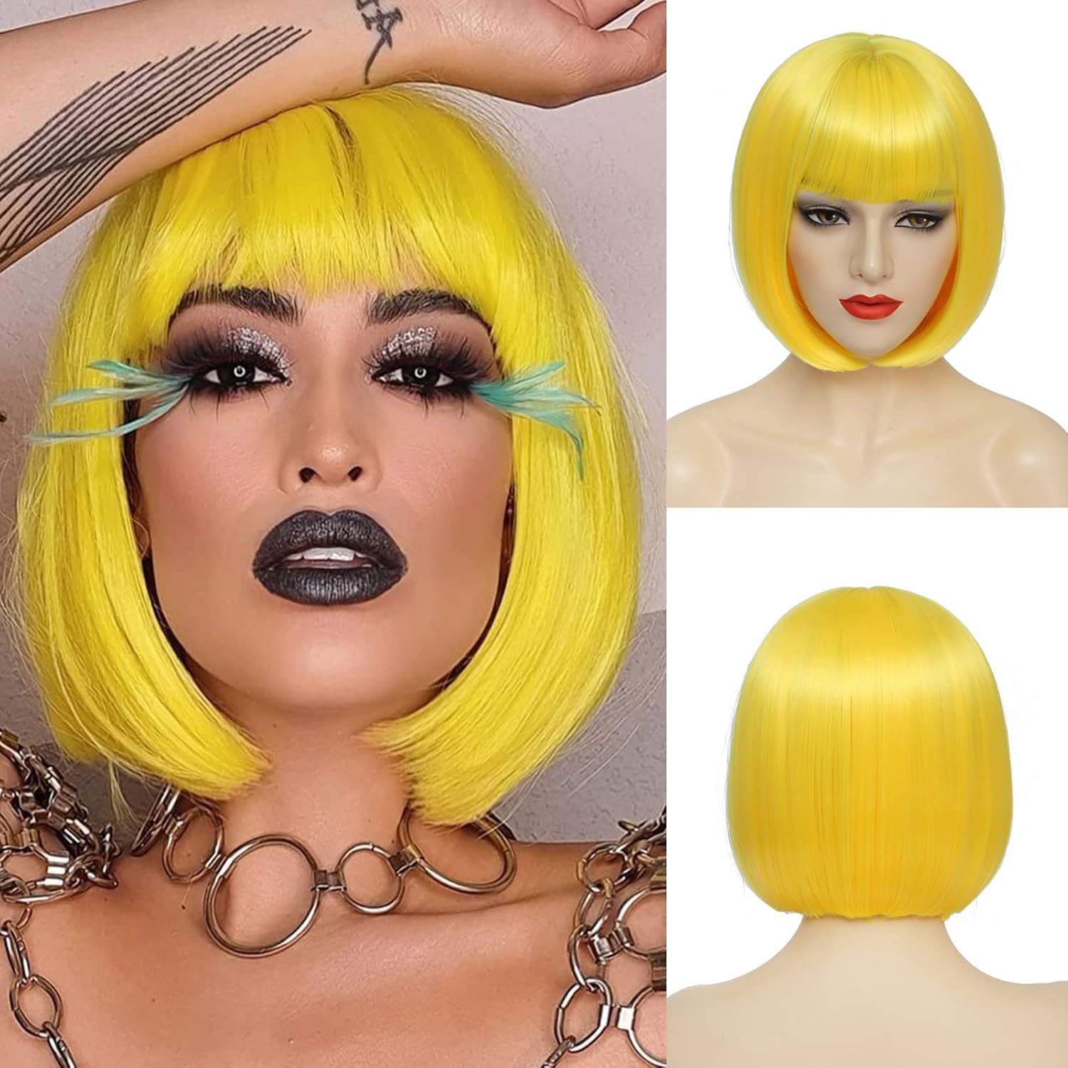 Amazon.com : YBYMCAI Yellow Bob Wig With Bangs Short Yellow Wigs For ...