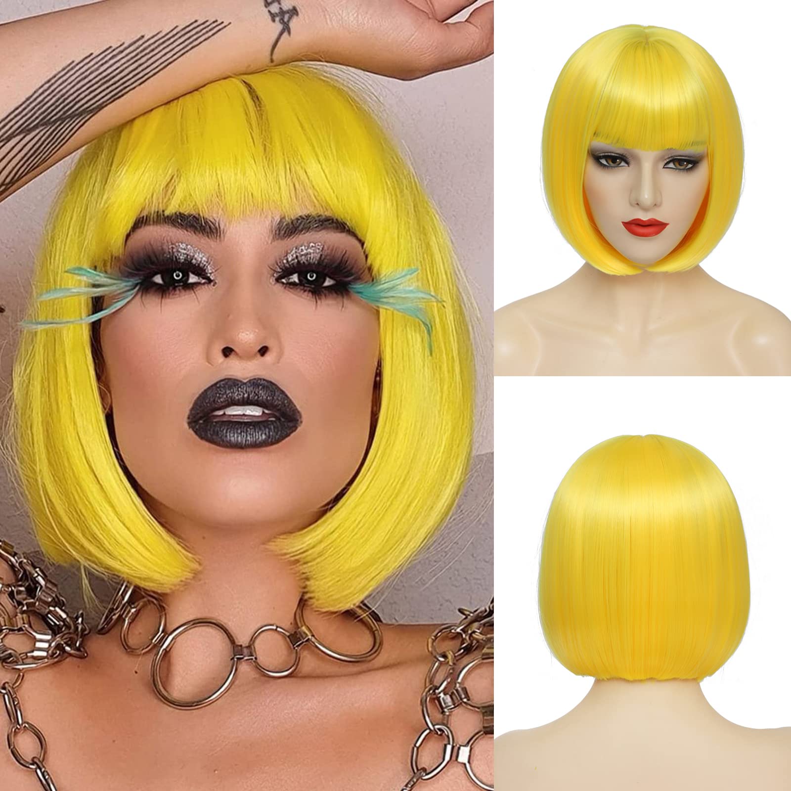 Amazon.com : YBYMCAI Yellow Bob Wig With Bangs Short Yellow Bob Wigs ...