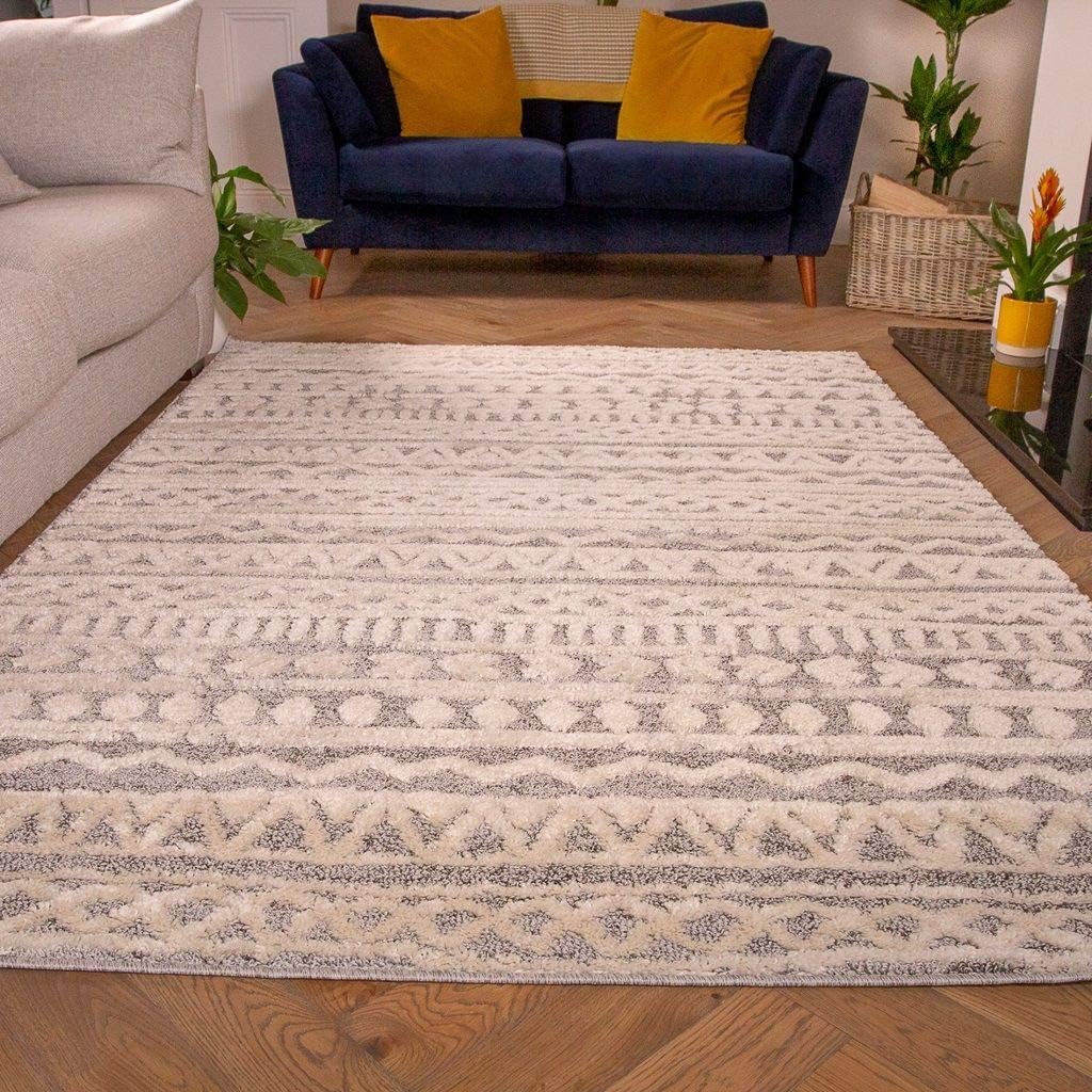 Large Scandi Grey Cream Tribal Geometric Area Rug Nordic Aztec Moroccan ...