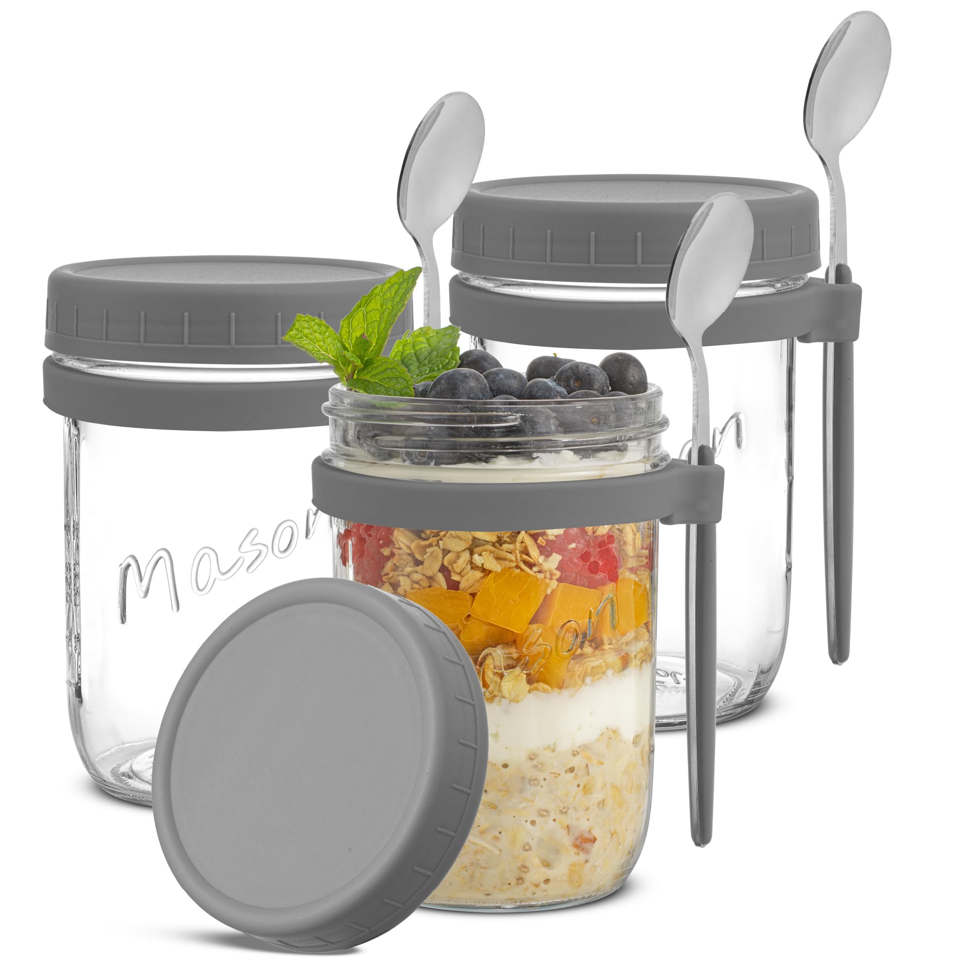 Amazon.com: JoyJolt 3-Pack Overnight Oats Containers with Lids and Spoons Set, 16 oz Mason Jars ...