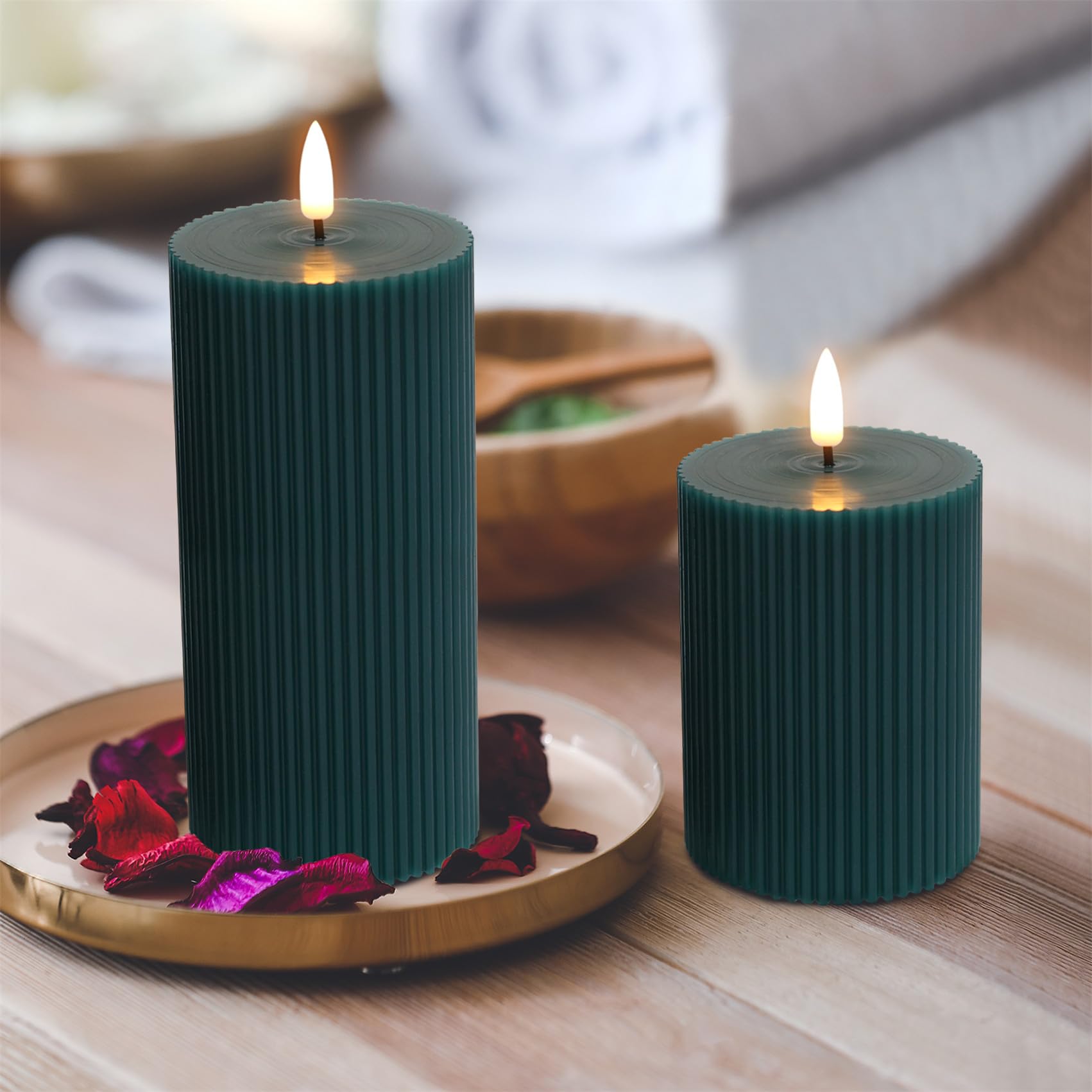 Girimax Teal Ribbed Flameless Pillar Candles with Remote, 2 Pack ...