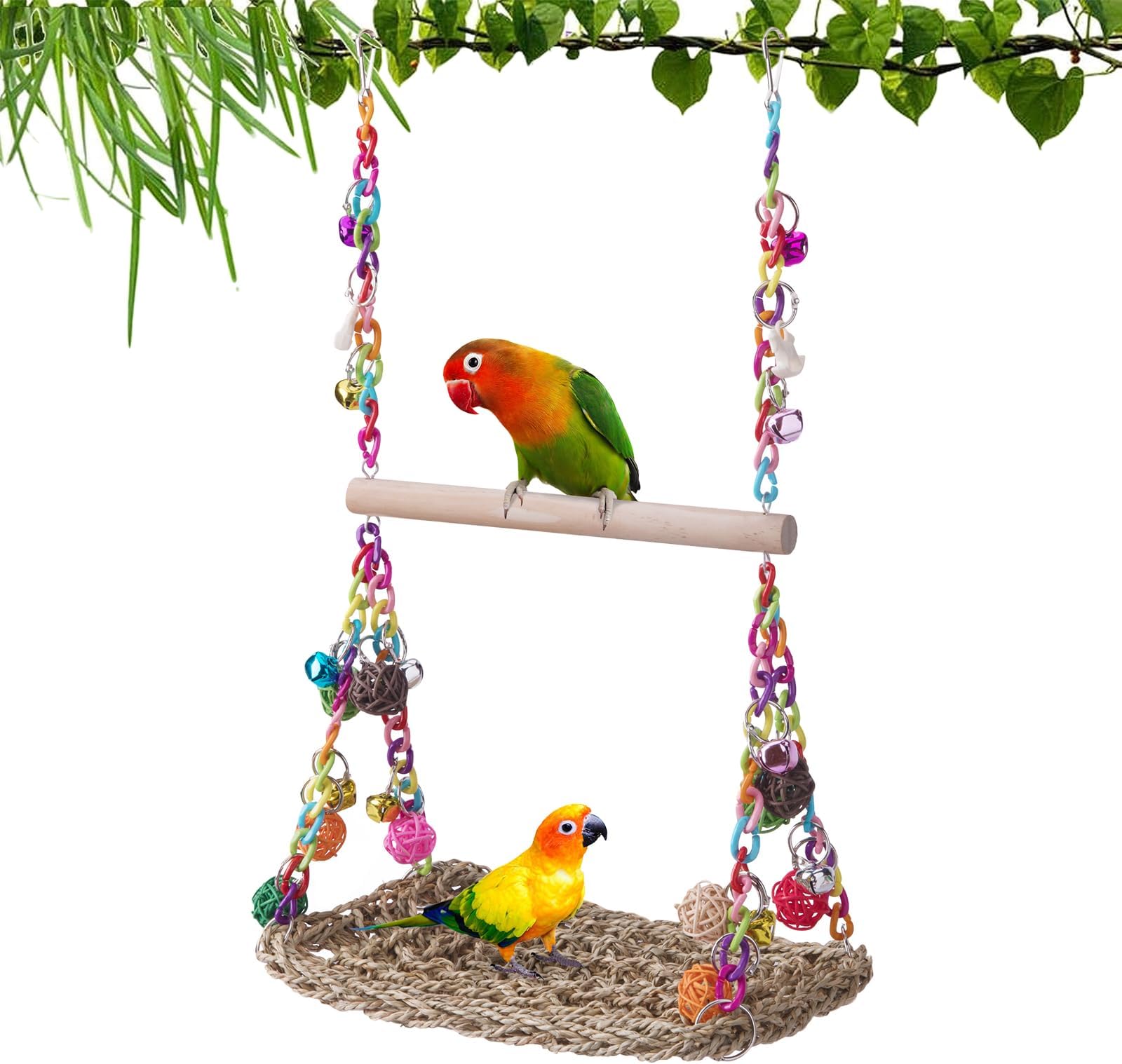 TeTupGa Bird Swing Toys with Wood Perch, Seagrass Woven Parrot Platform ...