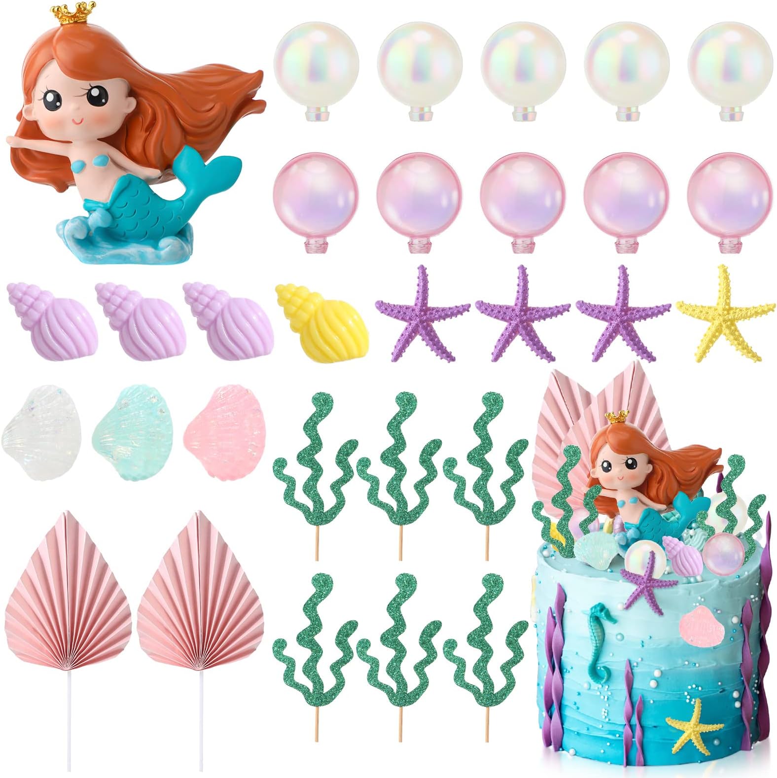 Amazon.com: Hungdao 30 Pieces Mermaid Cake Topper Birthday Under the ...