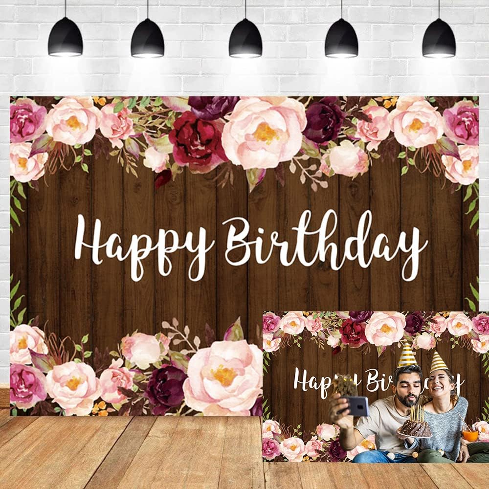 Amazon.com : OERJU Floral Wood Birthday Backdrop Rustic Brown Wood Pink ...