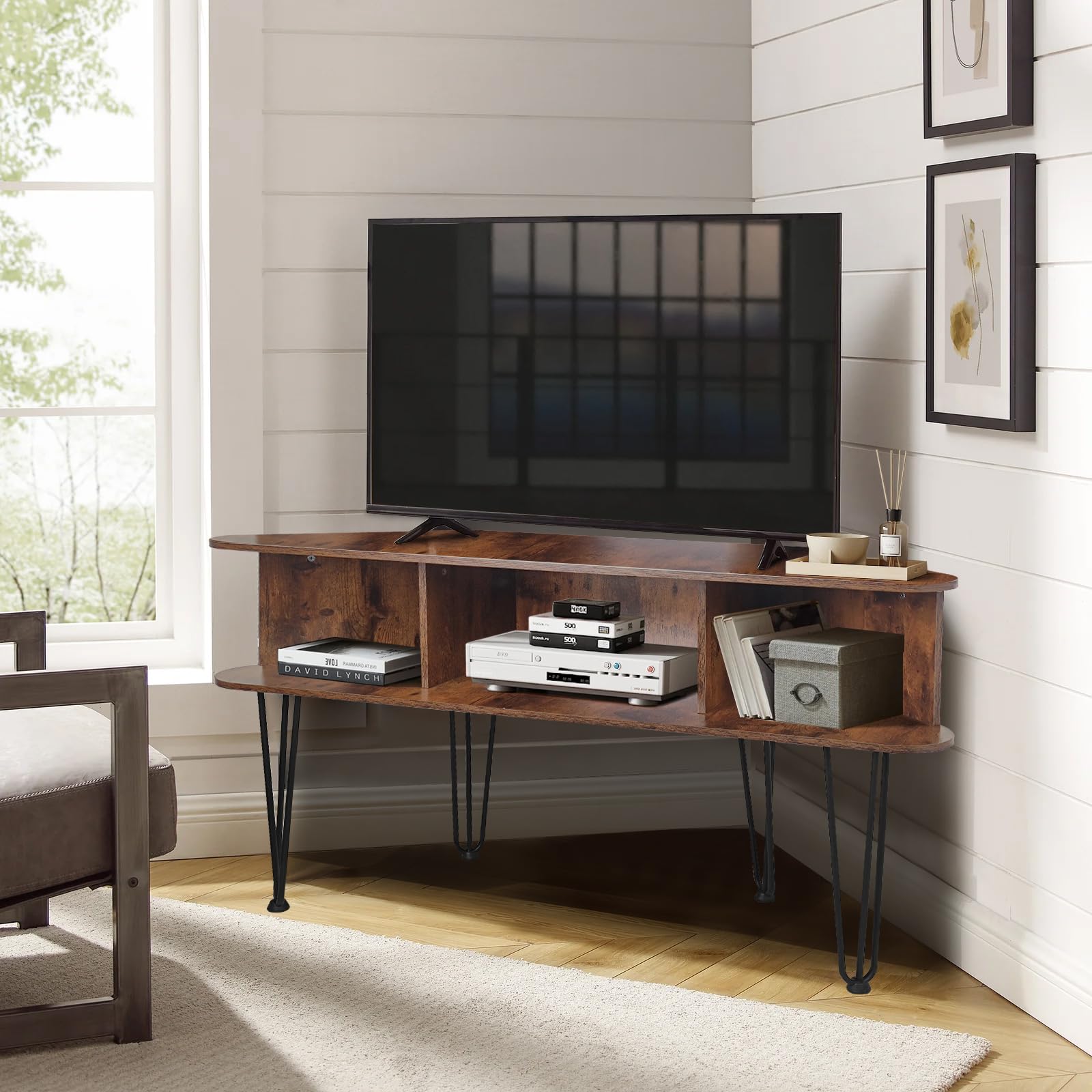 Corner TV Stand with 3 Open Divided Storage, Corner TV Console with ...