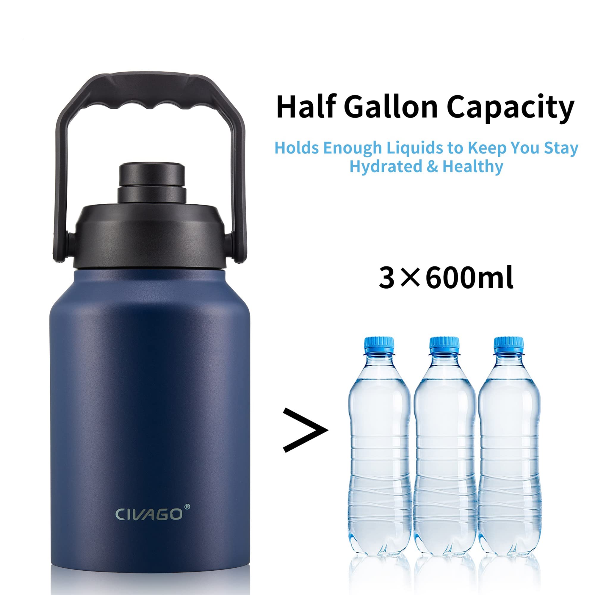 Snapklik.com : CIVAGO Half Gallon Insulated Water Bottle Jug, 64 Oz ...