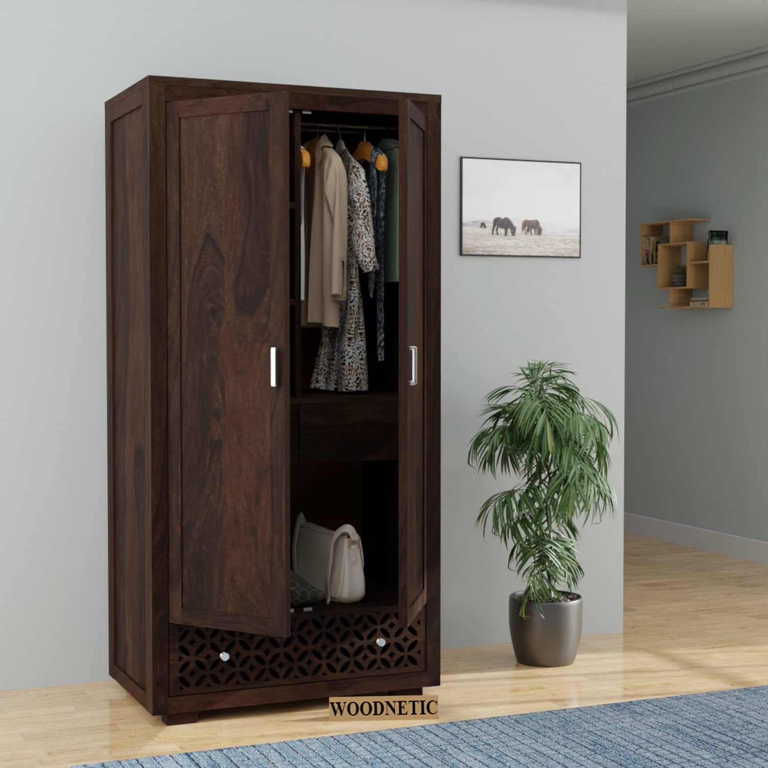WOODNETIC Sheesham Wooden CNC Wardrobe for Clothes with 2 Door and 1 ...