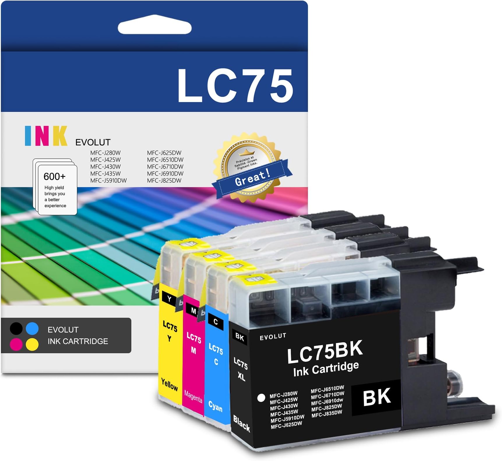 Amazon.com: LC75 High Yield Ink Cartridge (4-Pack, 1BK/1C/1M/1Y) - Eout ...
