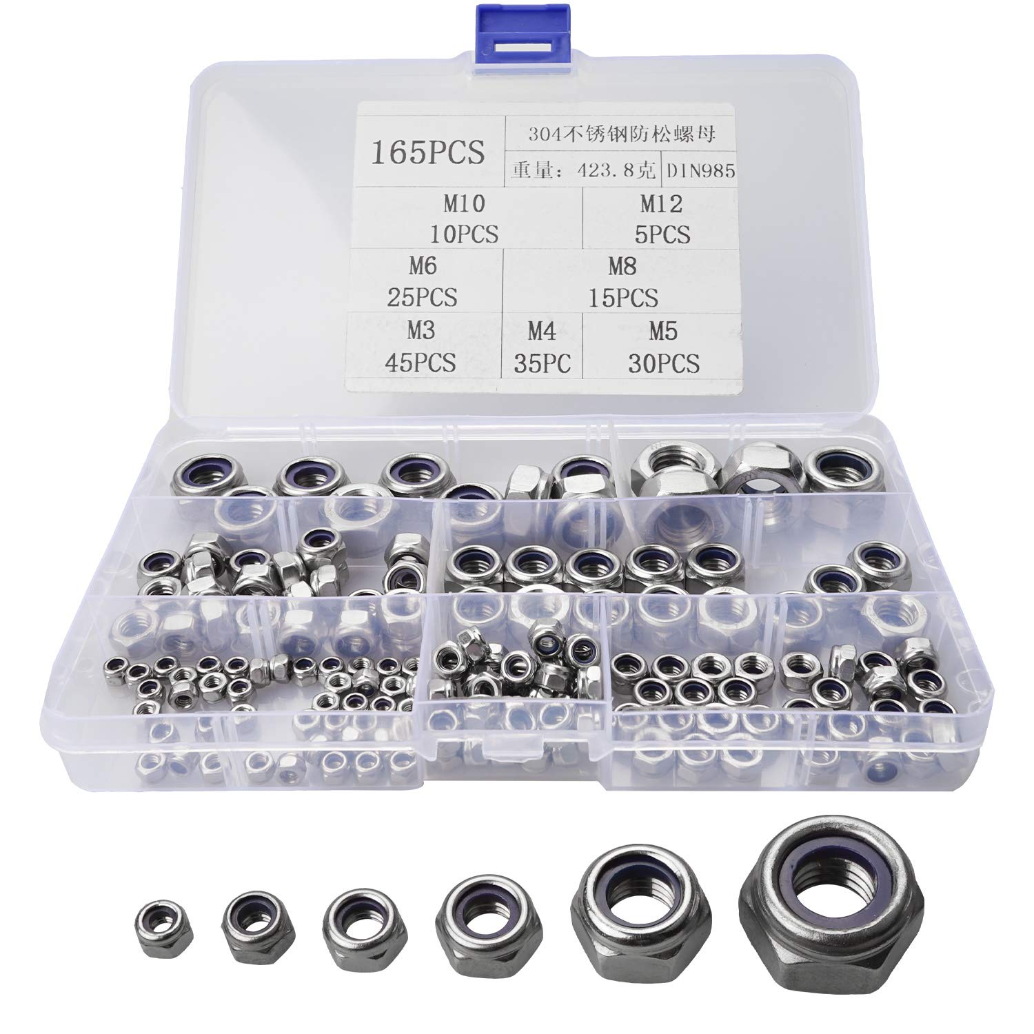 165PCS Lock Nut Set, Stainless Steel Nylon Hex Nut Insert Locking ...