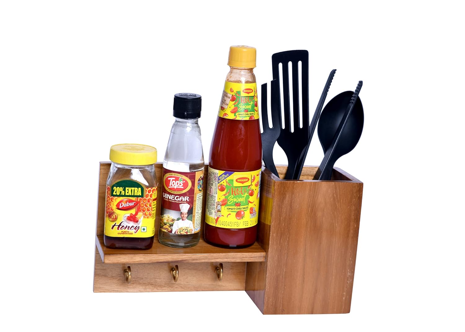 The Weaver's Nest Wooden Utility Ladle Holder with Hooks and Storage ...