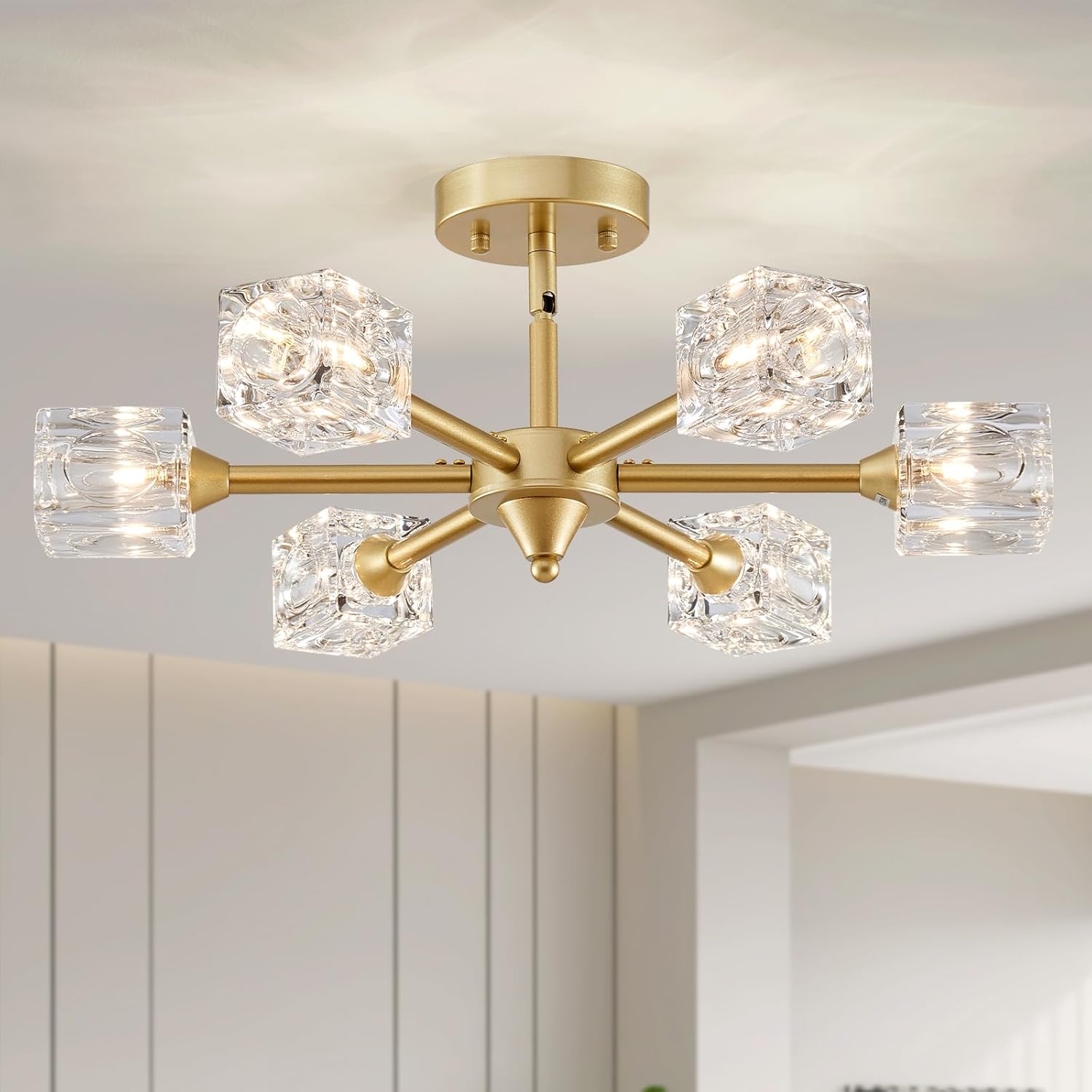 XINGQI Gold Glass Chandelier Sputnik 6-Light Mid Century Semi Flush ...