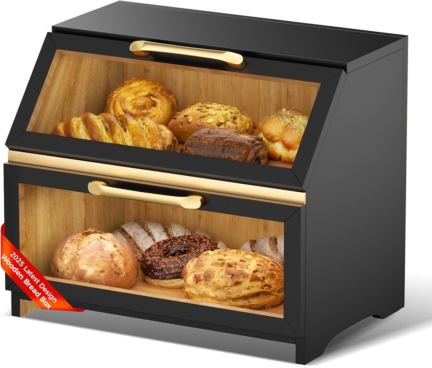 Mihoho Double Layer Wooden Bread Box for Kitchen Counter, Large Bread ...