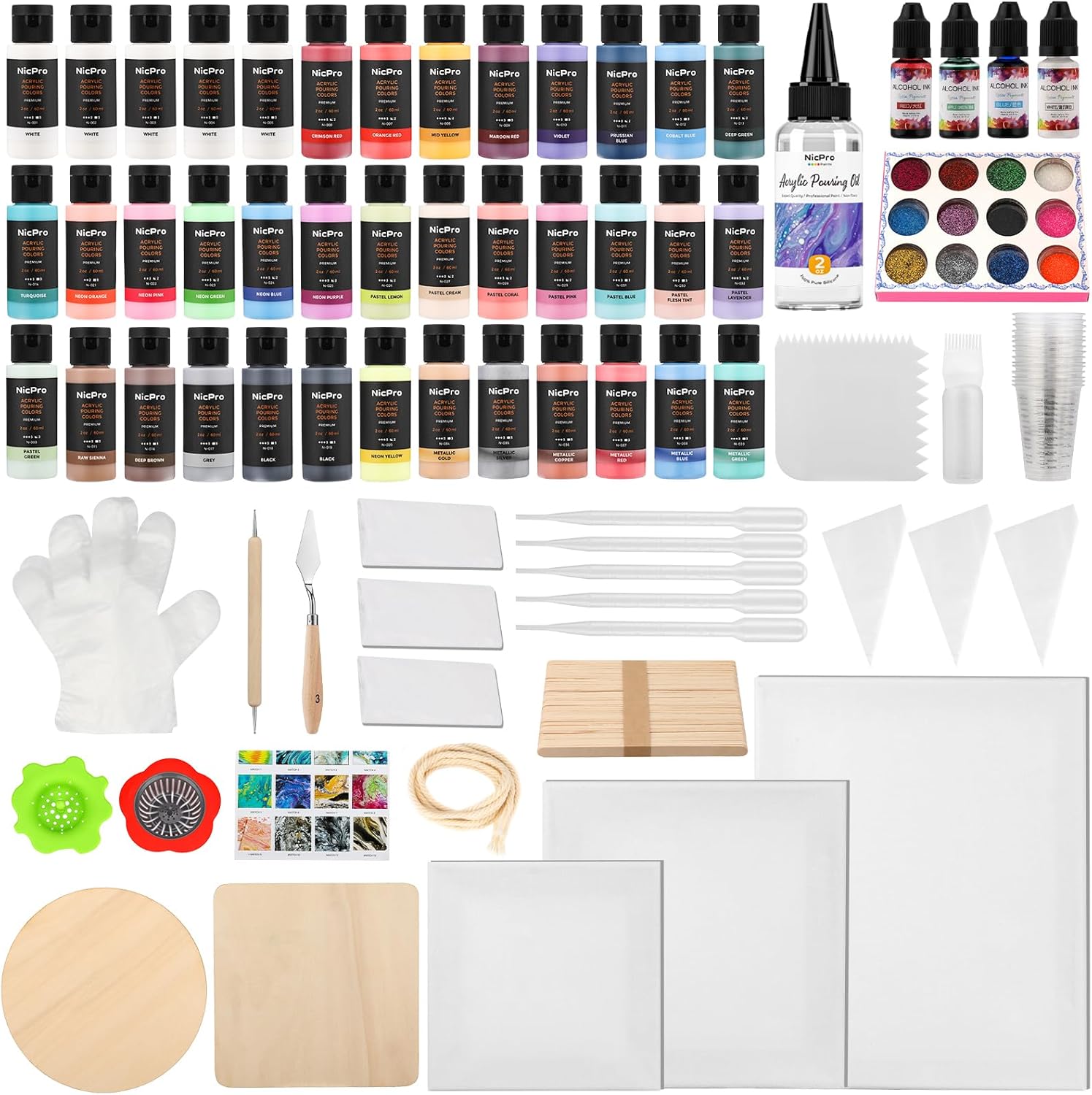 Amazon.com: Nicpro 39 Colors 2oz Acrylic Pour Paint Supplies Kit, Pre ...