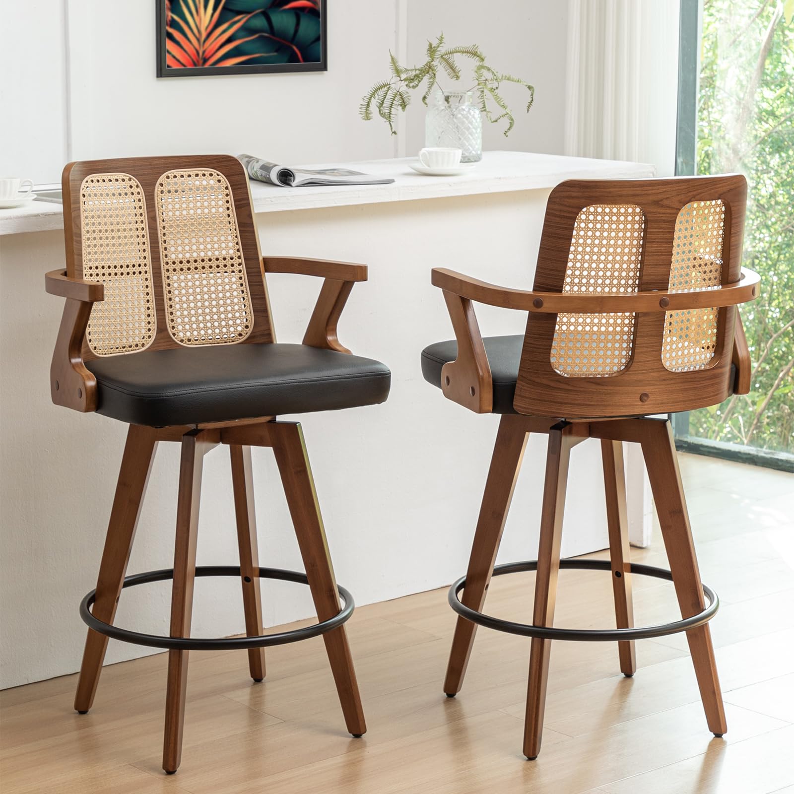 Amazon.com: Set of 2 Swivel Rattan Counter Stools - 27 inch Mid Century ...