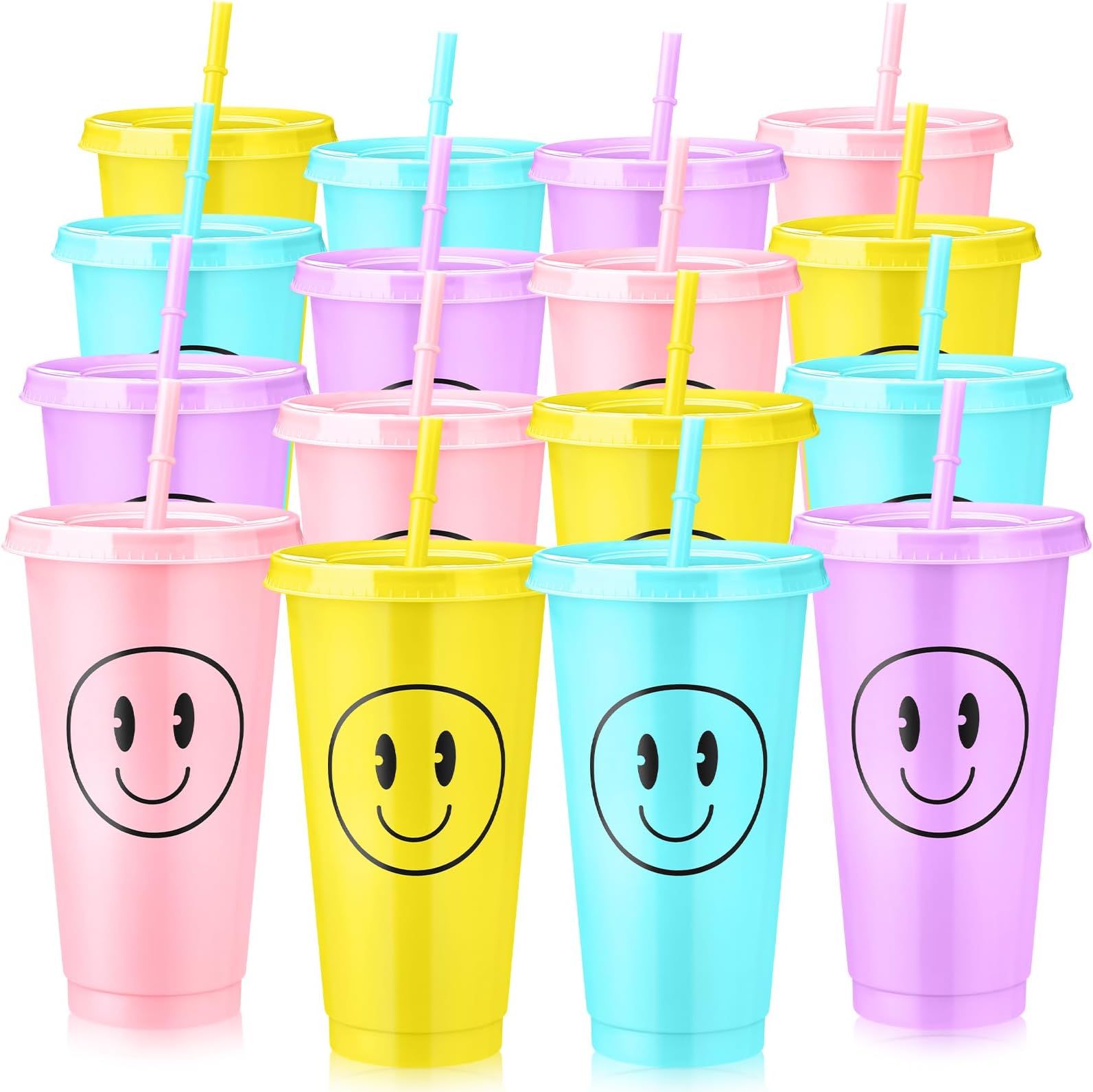 Amazon.com: Norme 16 Sets 24 oz Smile Face Plastic Cups with Lids and ...