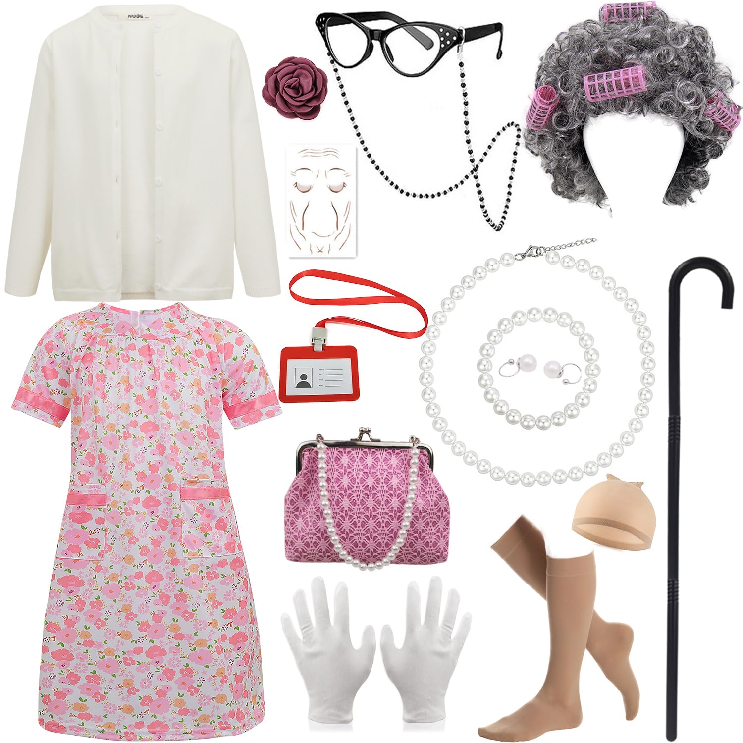 17 Pcs Old Lady Costume for Kids 100th Day of School Girls Grandma ...