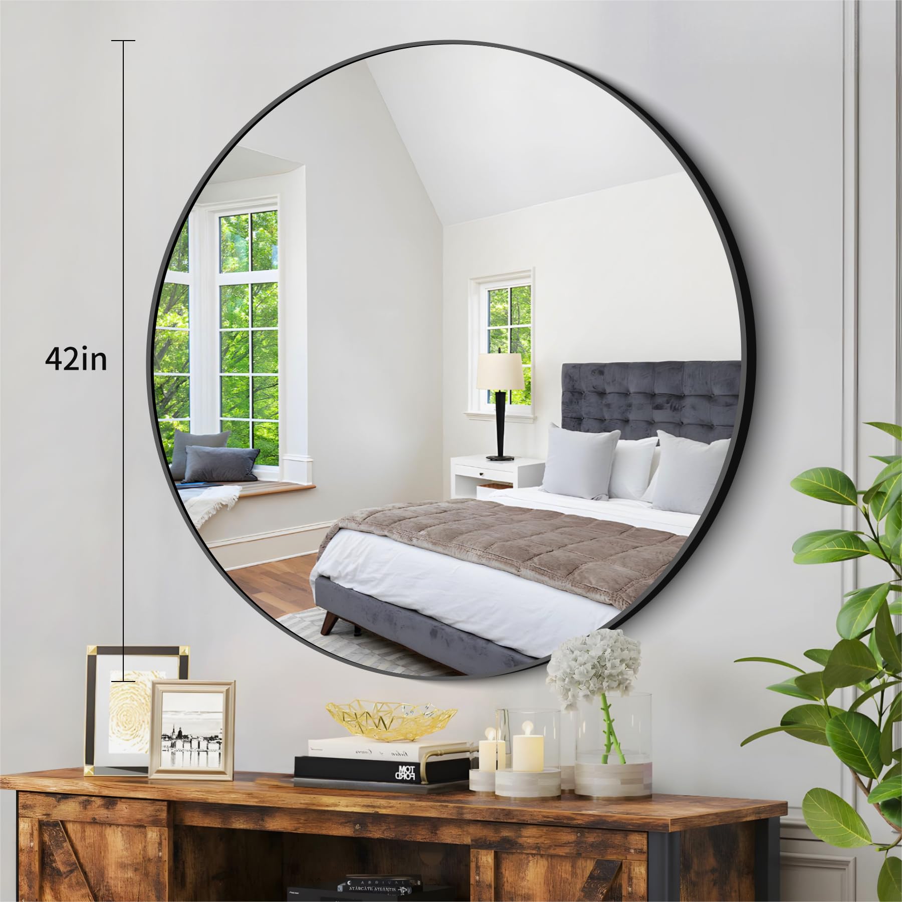 CIVENO Black Round Mirror 42 inch HD Circle Wall Mirror, Aluminum Alloy ...