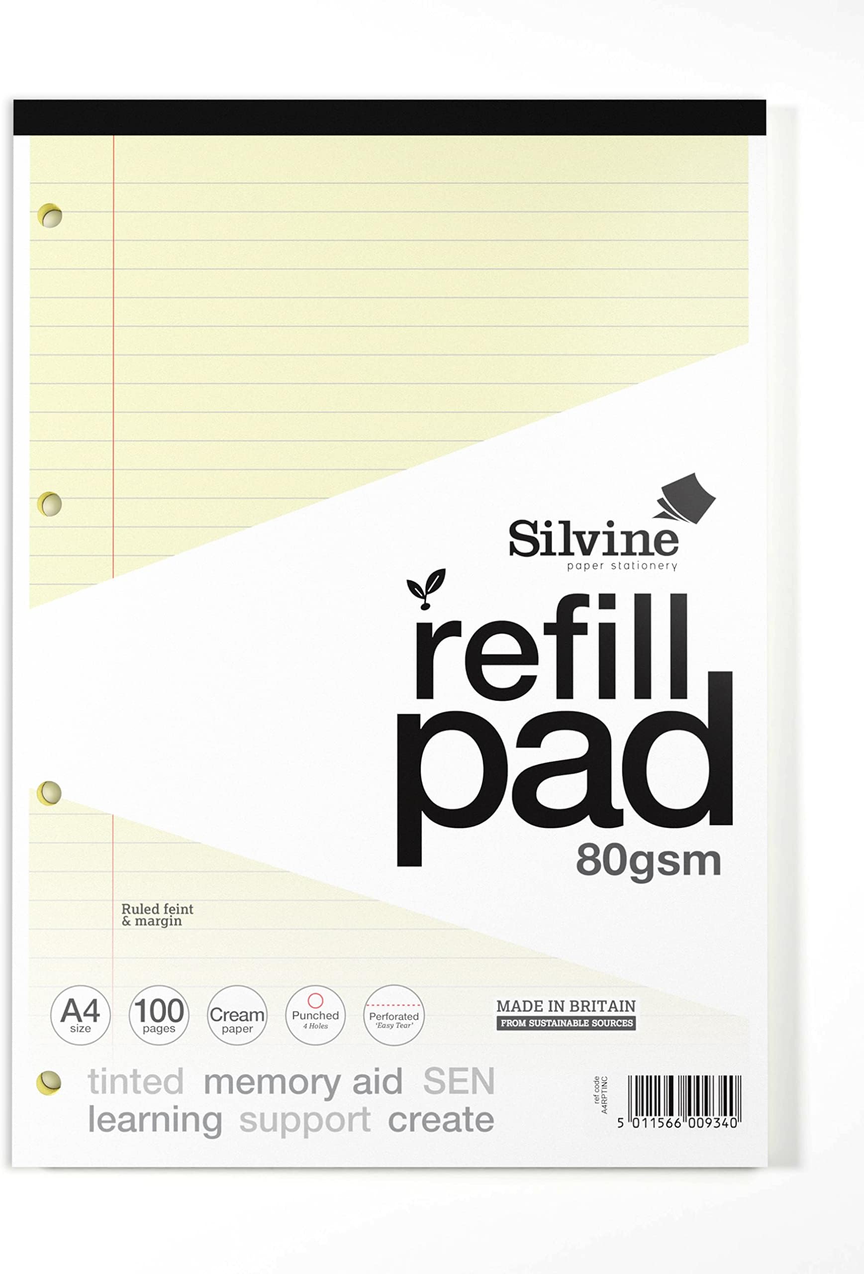 Silvine A4 Premium Recycled Refill Pad. Lined with Margin,White, 120 ...