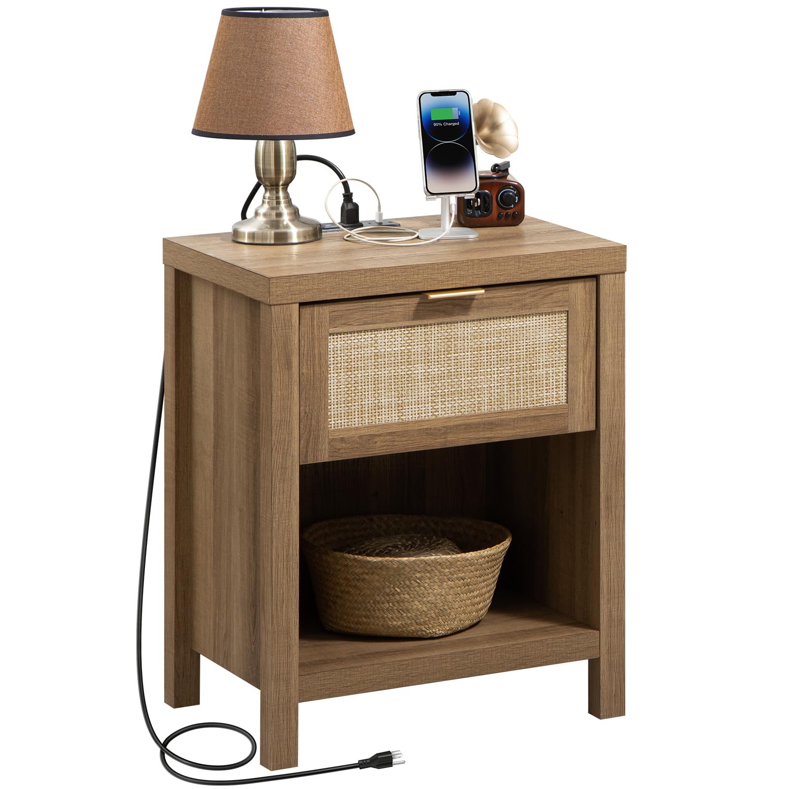 SICOTAS Rattan Night Stands with Charging Station, Farmhouse Nightstand ...