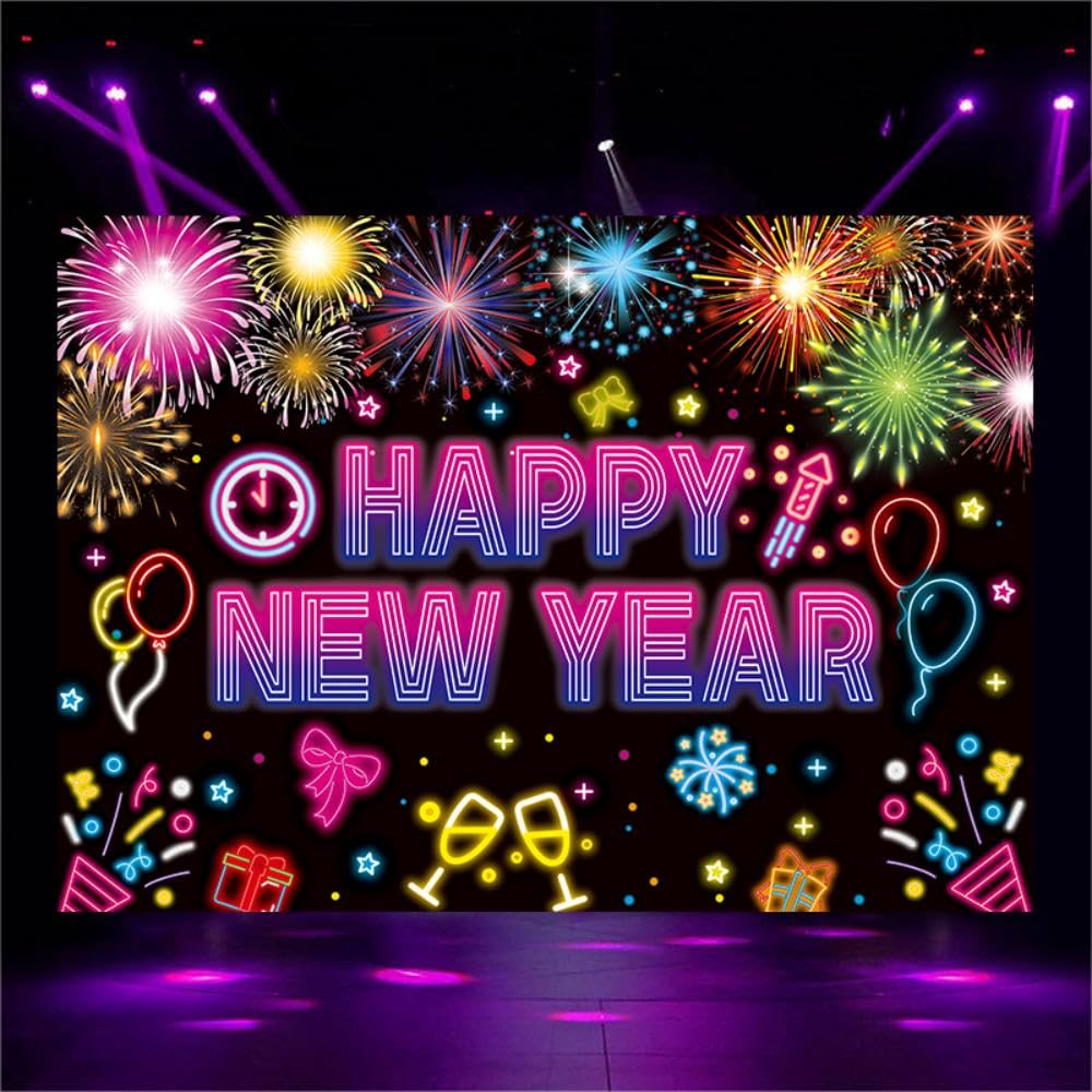 Happy New Year Backdrop 2025 Neon Happy New Year Banner for Nye ...