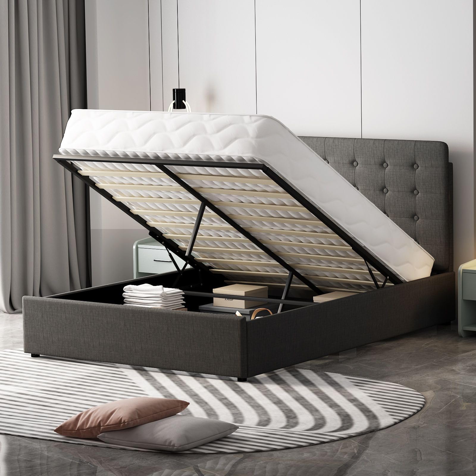 Luxdream Double Bed Frame with Headboard Gas Lift Up Storage Platform ...