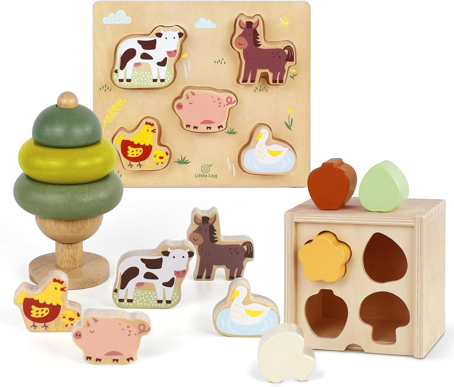 Little Log Wooden Educational Toy Set 3 in 1 Wooden Shape Sorter Cube ...