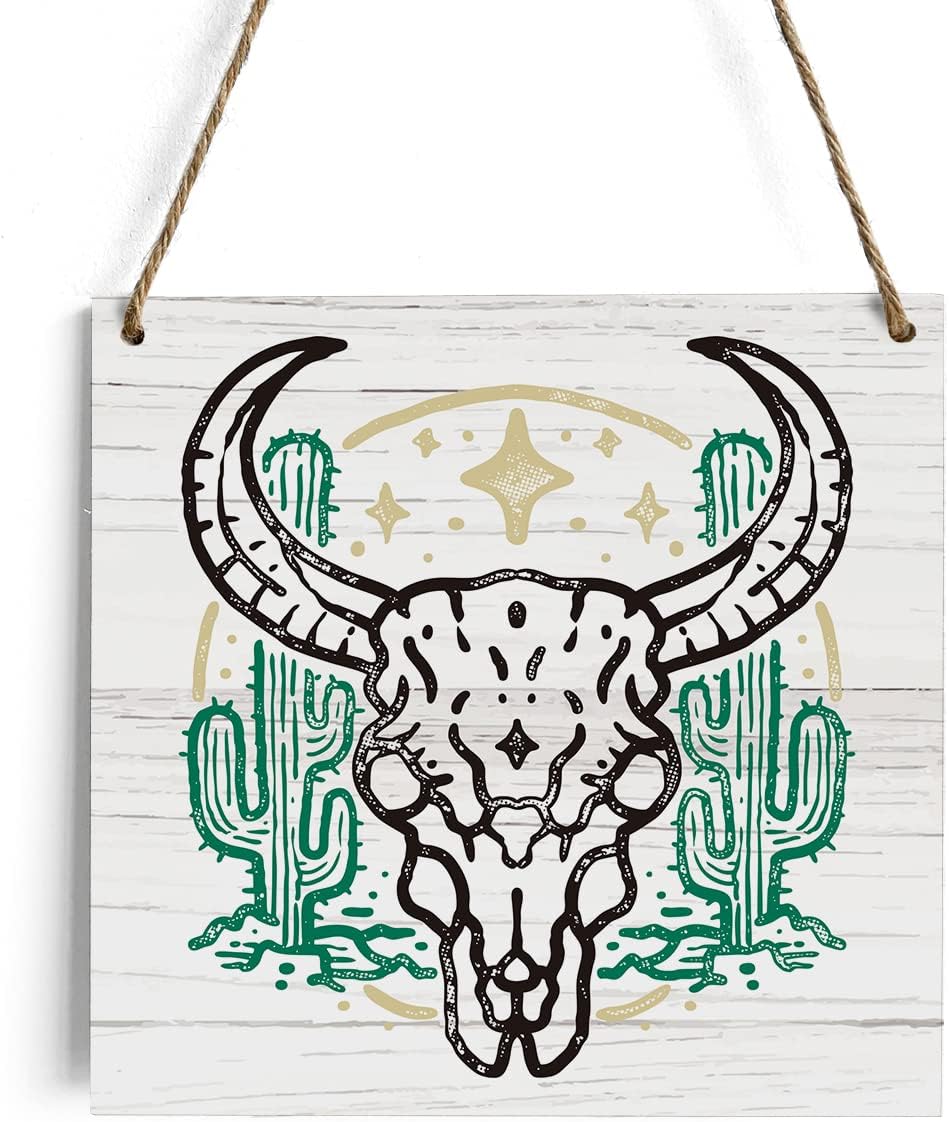 Amazon.com: Rustic Cow Skull Desert Cactus Decor Wooden Sign, Farmhouse ...