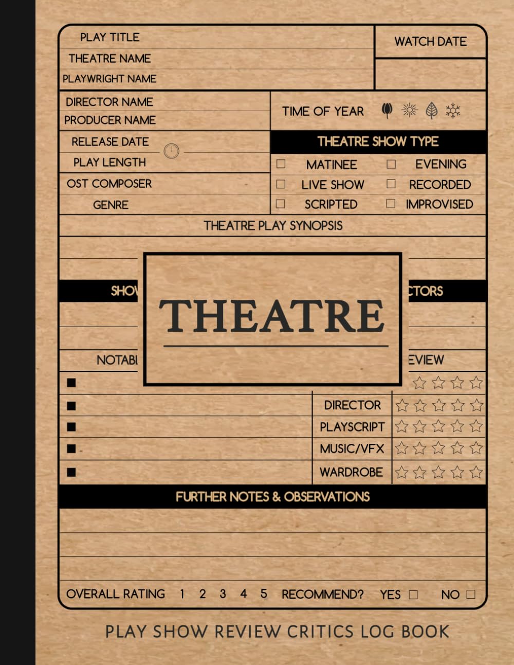 Theater Show Review Journal: Play Enthusiasts Log Book. Note and Detail ...