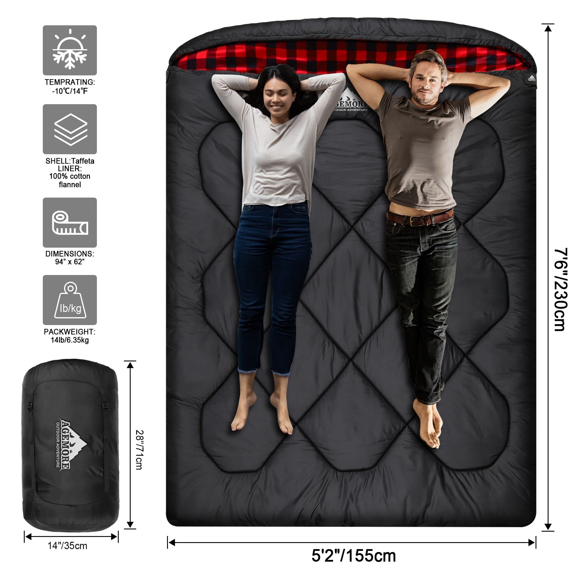 AGEMORE 0 Degree Double Sleeping Bag for Adults,Cotton Flannel Lined 2 ...