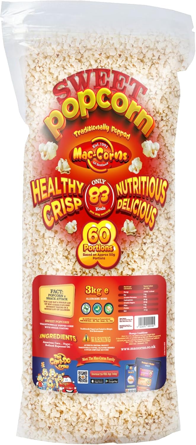 MacCorns 3kg Bulk Sweet Popcorn | Resealable Bulk Pack of Sweet Popcorn ...
