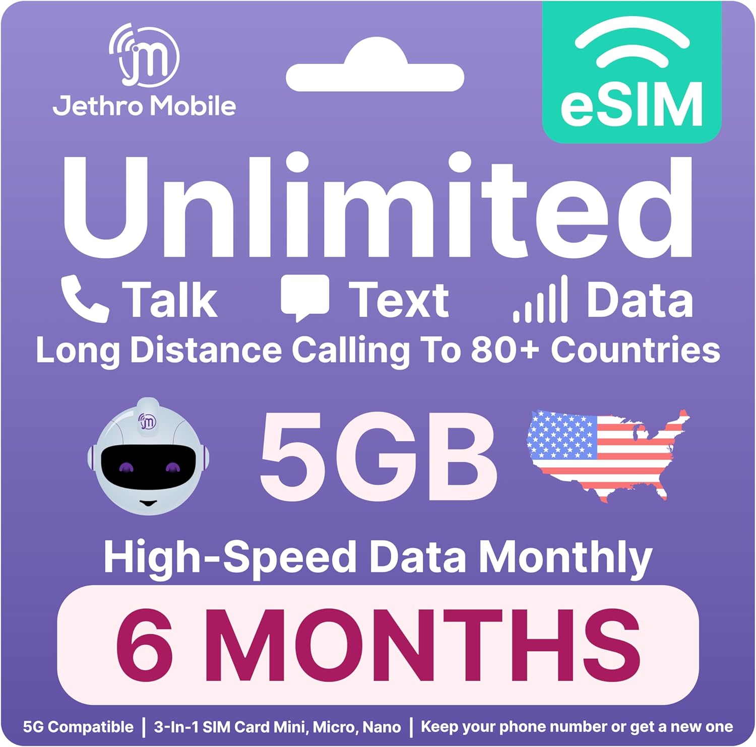 Amazon.com: Jethro Mobile - eSIM USA, Quick Activation, 5GB High-Speed Data, Unlimited Talk ...