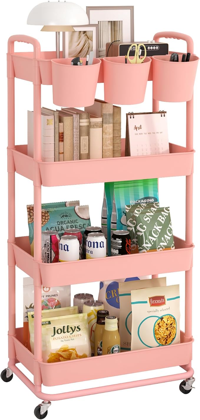 Amazon.com: JIUYOTREE 4-Tier Plastic Rolling Storage Cart Utility Cart ...