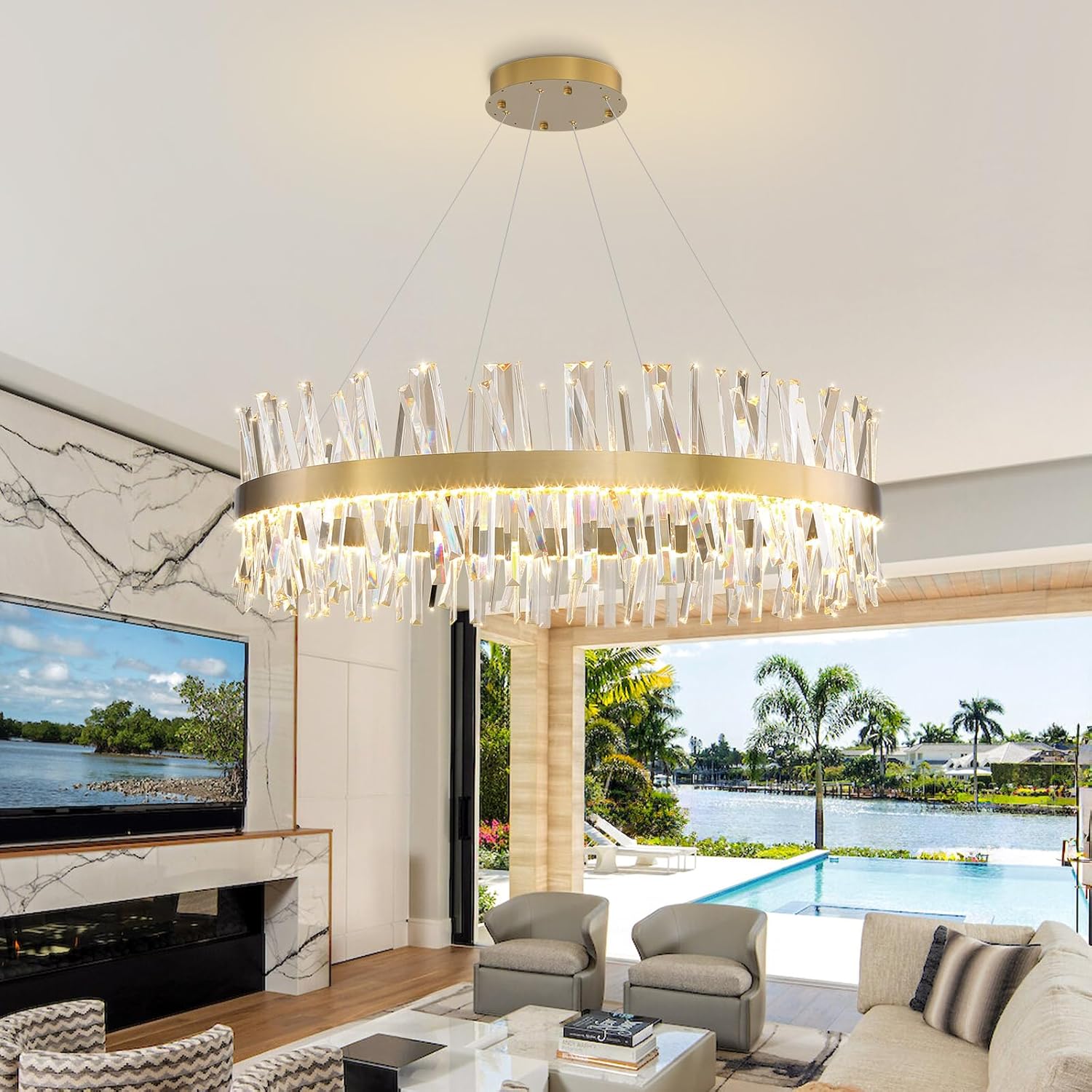 HAIXIANG Antique Gold Glam Chandelier Crystal LED Ceiling Hanging Light ...