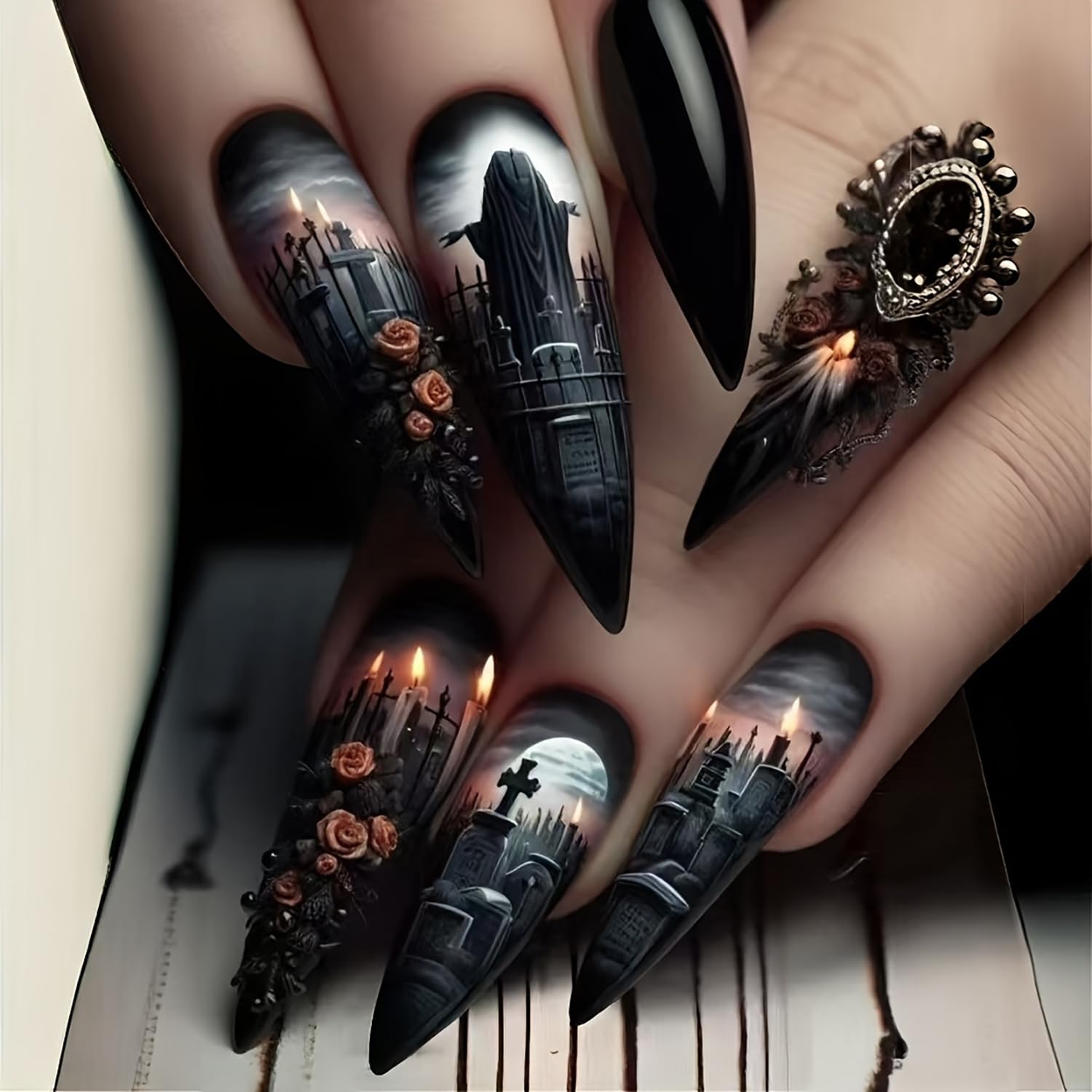 Amazon.com: Almond Tip Halloween Press on Nails Long Horror Tombstone ...