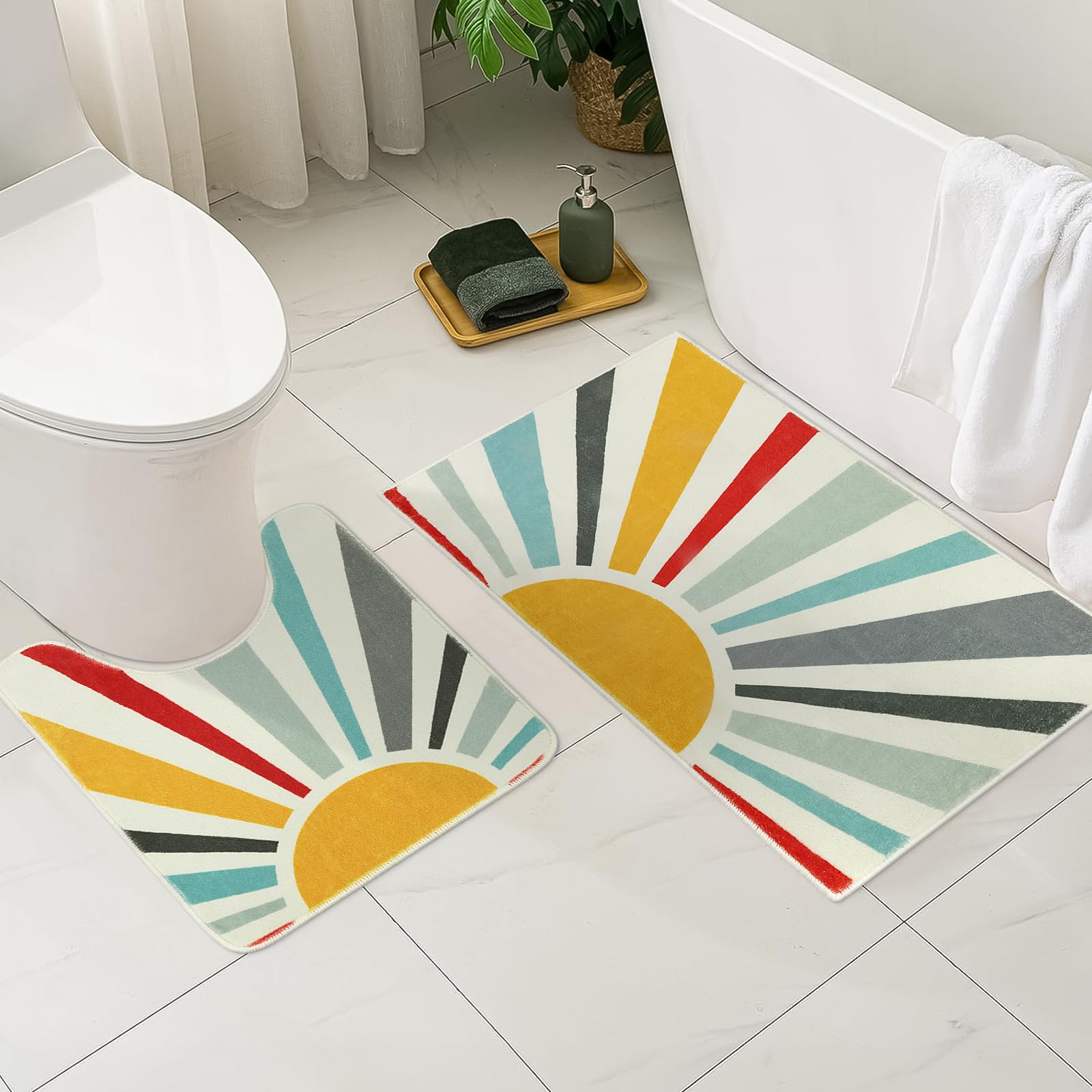 Amazon.com: Uphome Boho Bathroom Rugs Sets 2 Piece Modern Colorful Sun ...