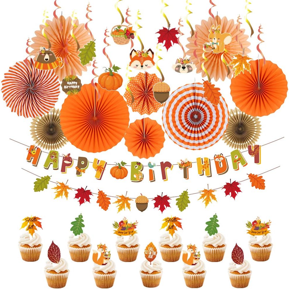 SUNBEAUTY Autumn Birthday Party Decorations Paper Fans Kit Orange Fall ...