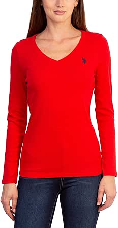 U.S. POLO ASSN. USPA Long Sleeve Rib V-Neck Tee Engine Red 3XL at Amazon Women’s Clothing store